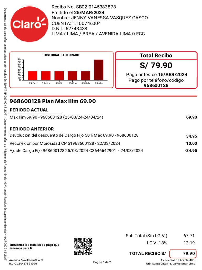 Recibo de Pago Claro: Detalles y Consumo | PDF