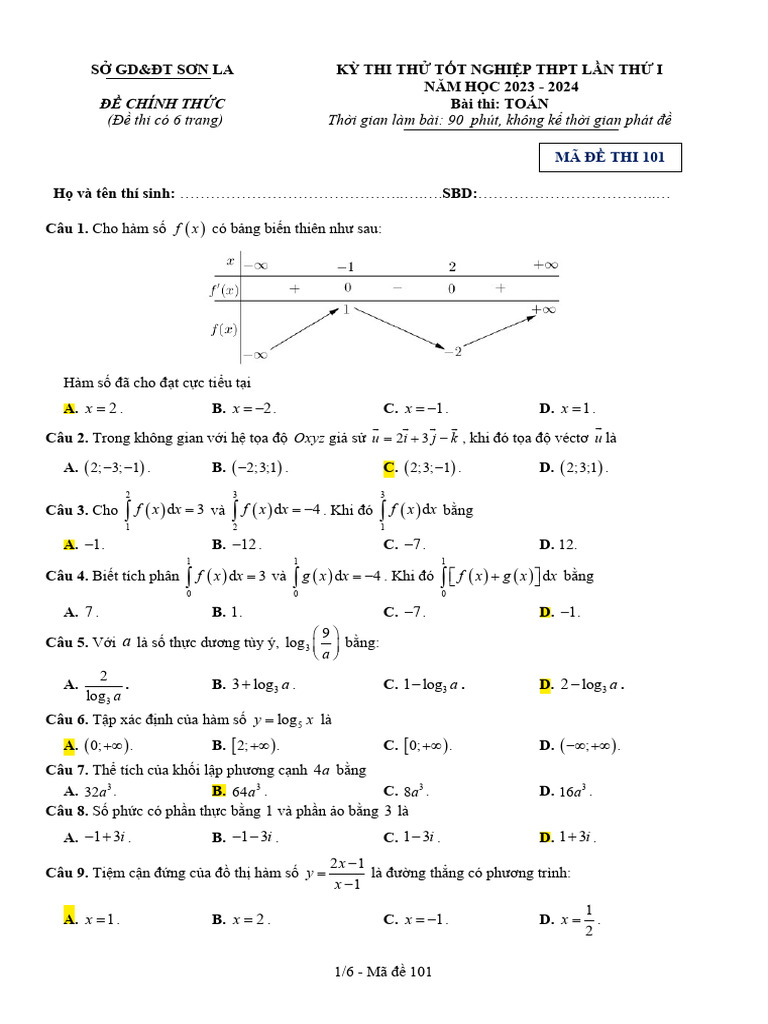 De Thi Thu Tot Nghiep THPT 2024 Mon Toan Lan 1 So GDDT Son La | PDF