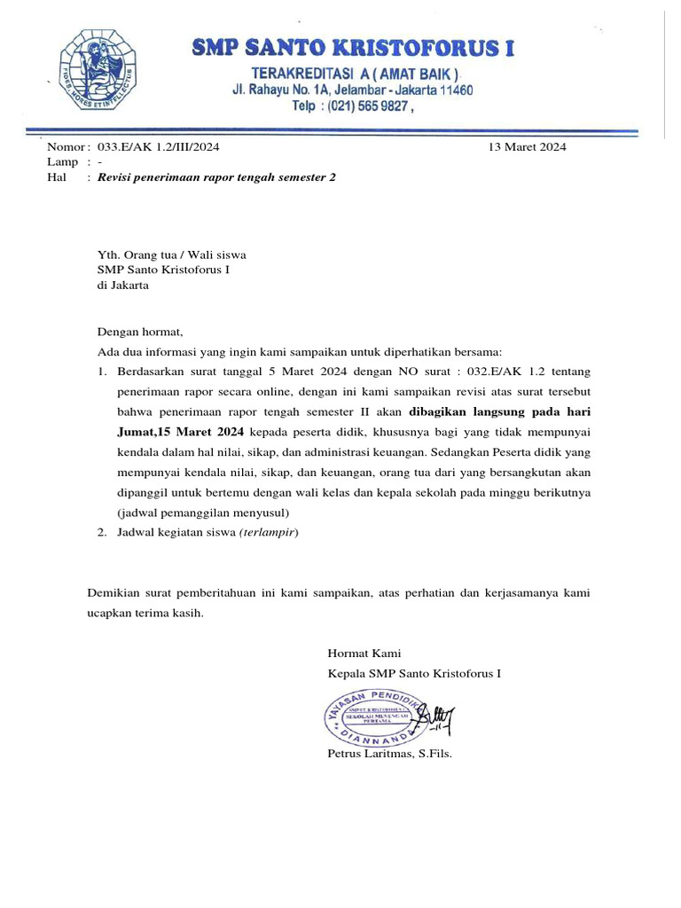 Revisi Surat pemberitahuan Penerimaan Rapor mid semester 2 tahun pelajaran 2023-2024-1 | PDF