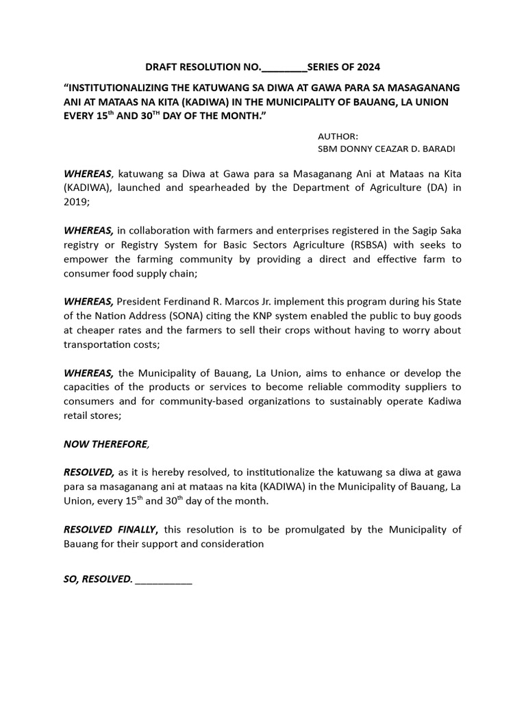 Draft Resolution Kadiwa | PDF