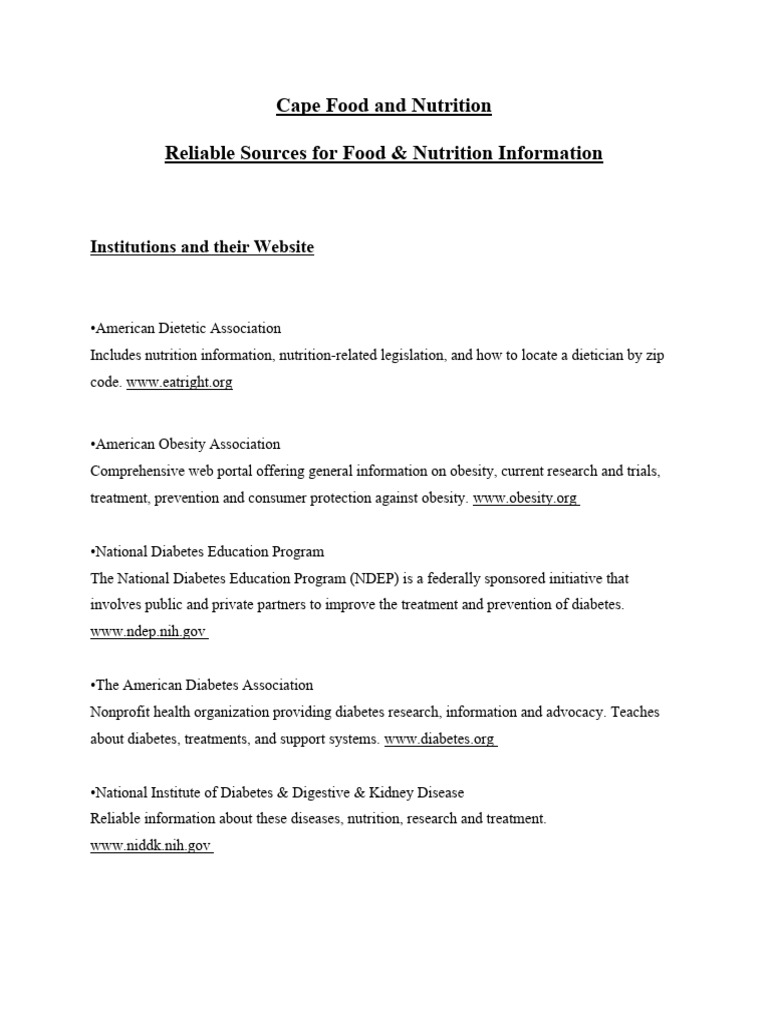 Reliable Sources For Food and Nutrition Information Content | PDF