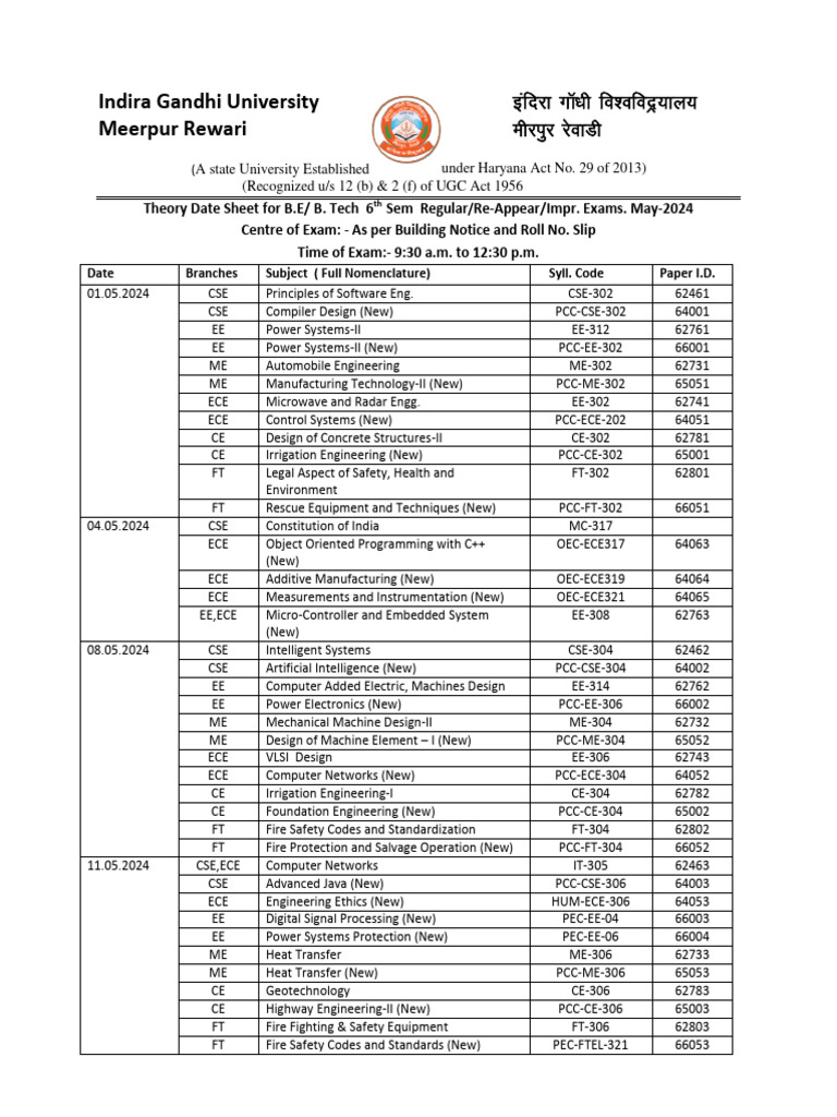 Theory Date Sheet for B.E, B. Tech Regular, Re-Appear, Impr. 6th Semester Exams May-2024 | PDF ...