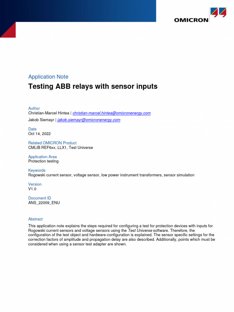 Test Universe AppNote Testing ABB Relays With Sensor Inputs 2022 ENU ...