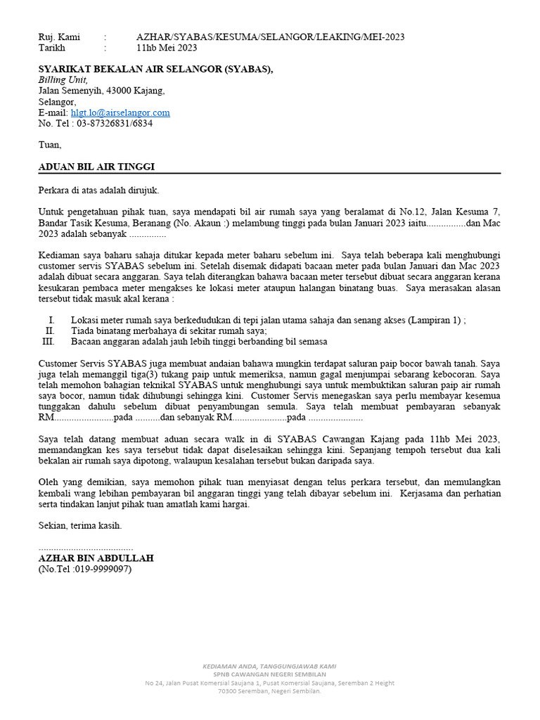 Contoh Surata Aduan Paip Bocor Kepada Syabas | PDF