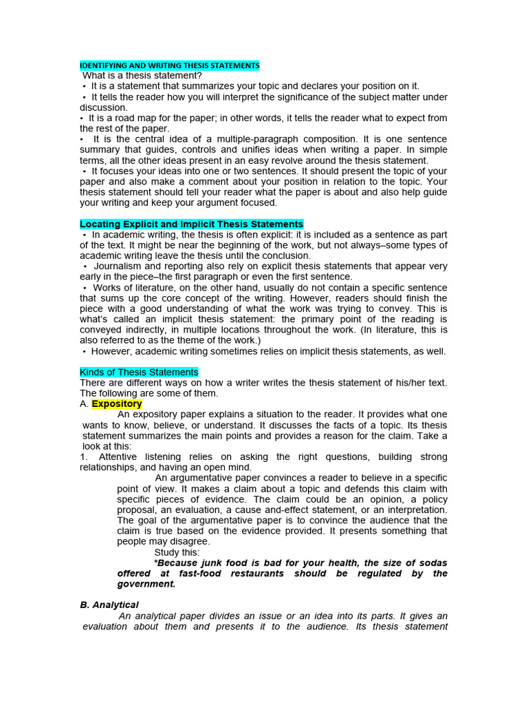 Identifying and Writing Thesis Statements | PDF | Thesis | Writing