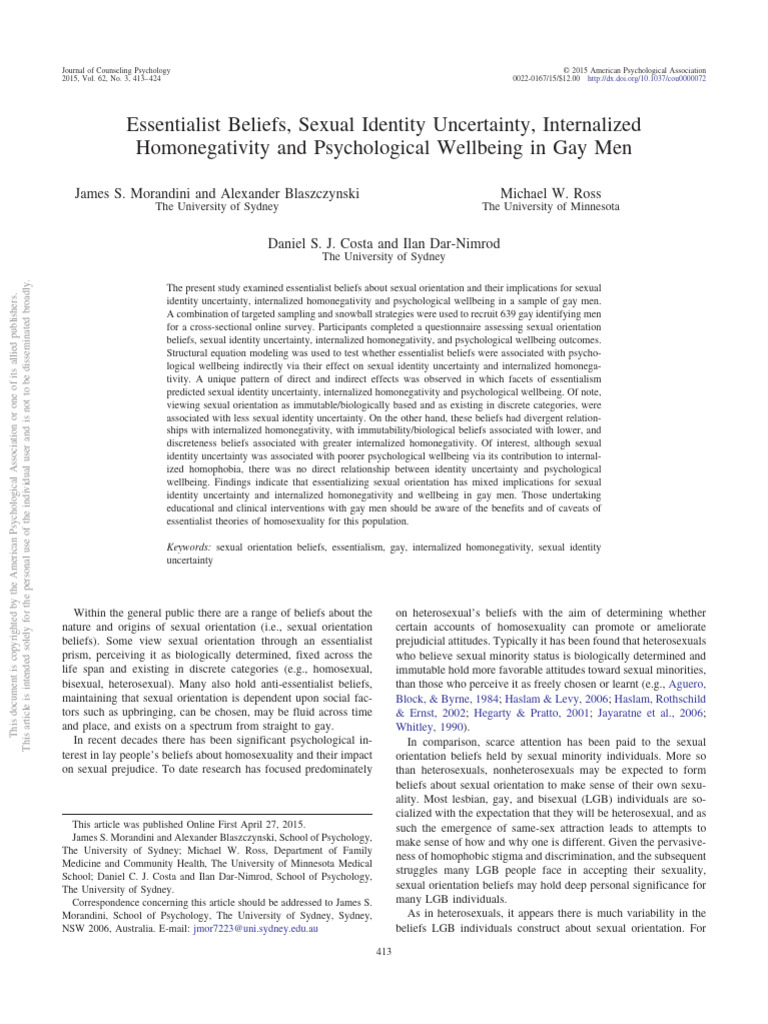 Essentialist Beliefs, Sexual Identity Uncertainty, Internalized... | PDF | Homosexuality ...