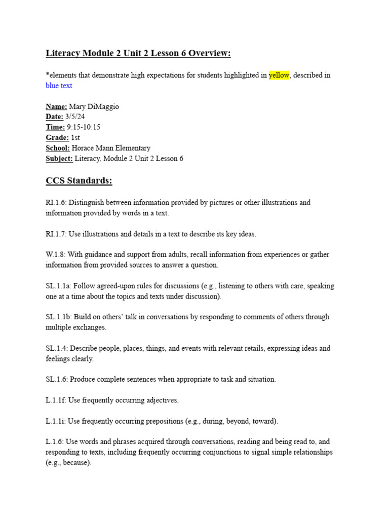 Literacy Module 2 Unit 2 Lesson 6 Overview PDF Science Literacy
