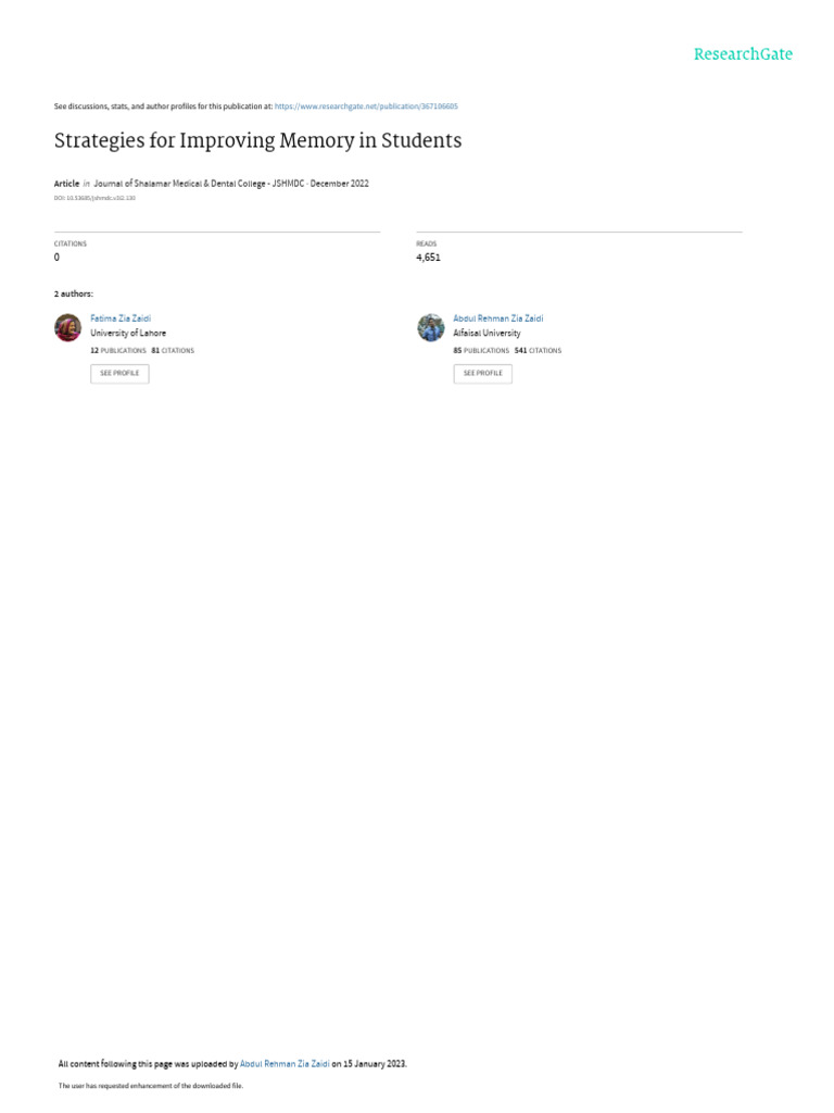 Memory Improvement Strategies for Students | PDF | Memory | Recall (Memory)