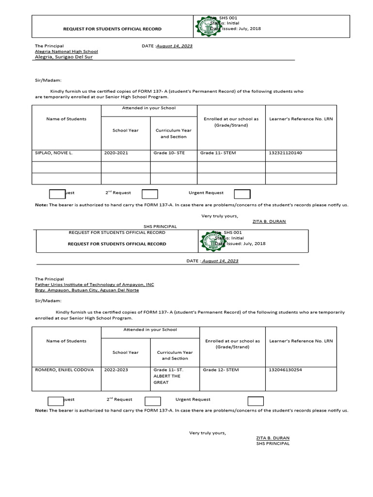 REQUEST-FOR-STUDENTS-OFFICIAL-RECORD-2 | PDF