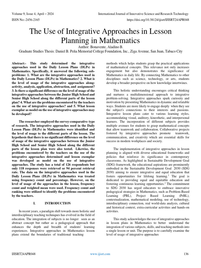 The Use of Integrative Approaches in Lesson Planning in Mathematics ...