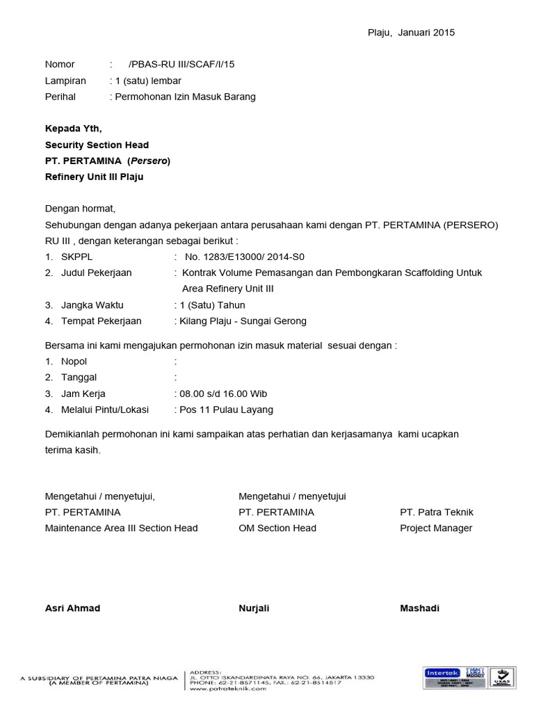 Permohonan Izin Masuk Barang | PDF