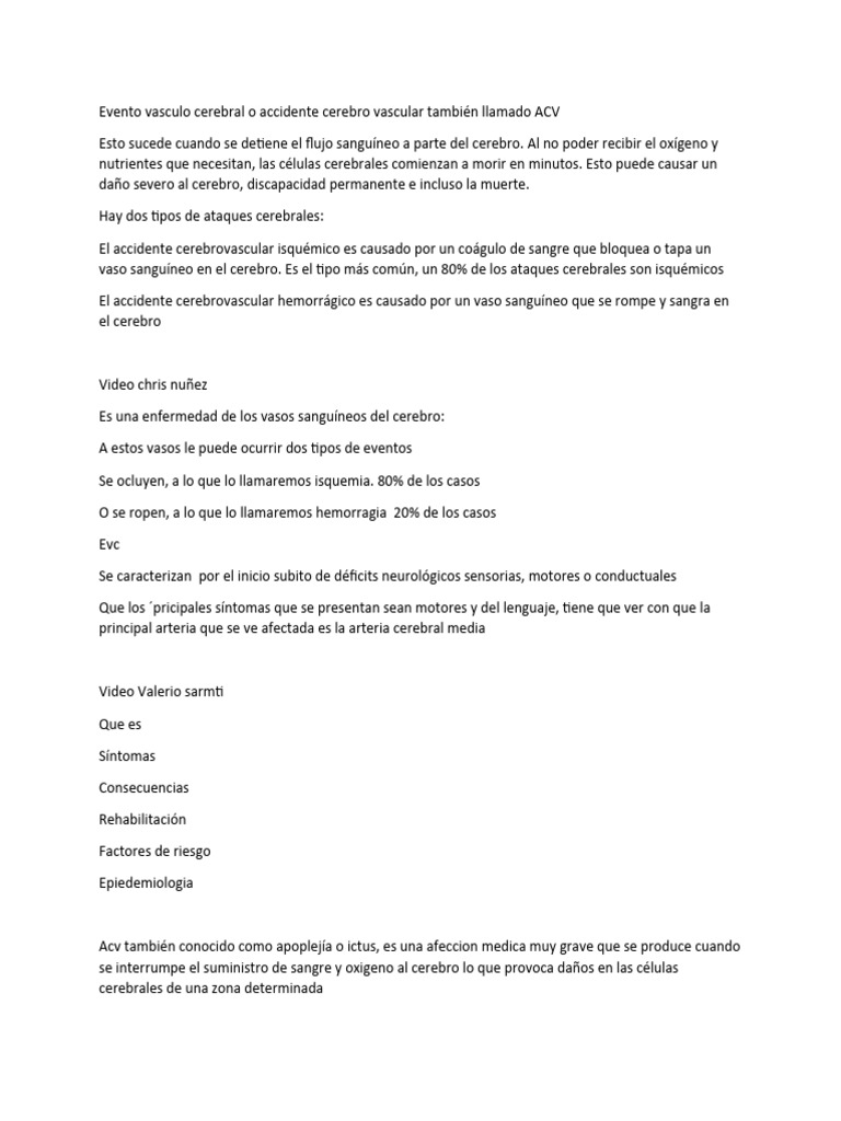 Evento Vasculo Cerebral o Accidente Cerebro Vascular También Llamado ...