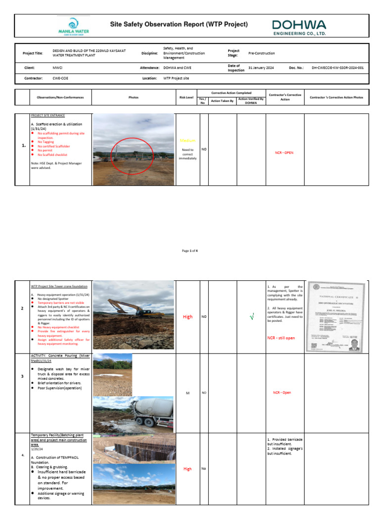 DH-CWECCIE-KW-SSOR-2024-001 Site Safety Observation Report | PDF