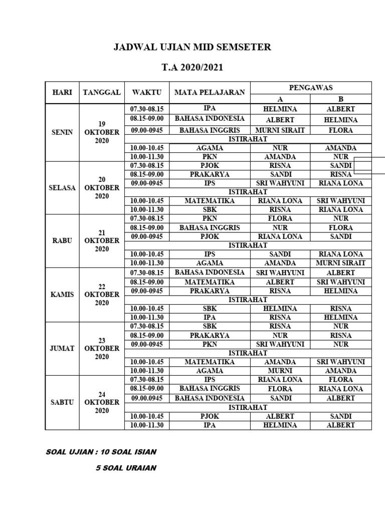 Jadwal Ujian Mid Semseter | PDF