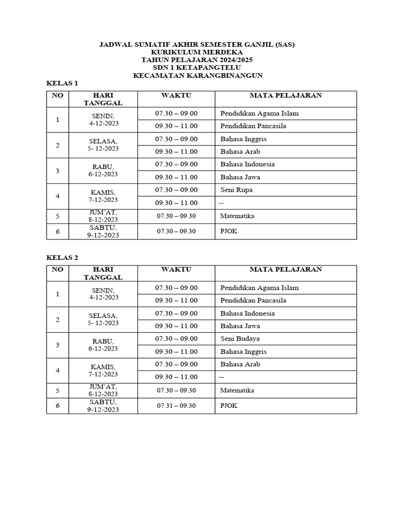 Jadwal Sas Dan Pas Semester Ganjil SDN 1 Ketapangtelu 2023-2024 | PDF