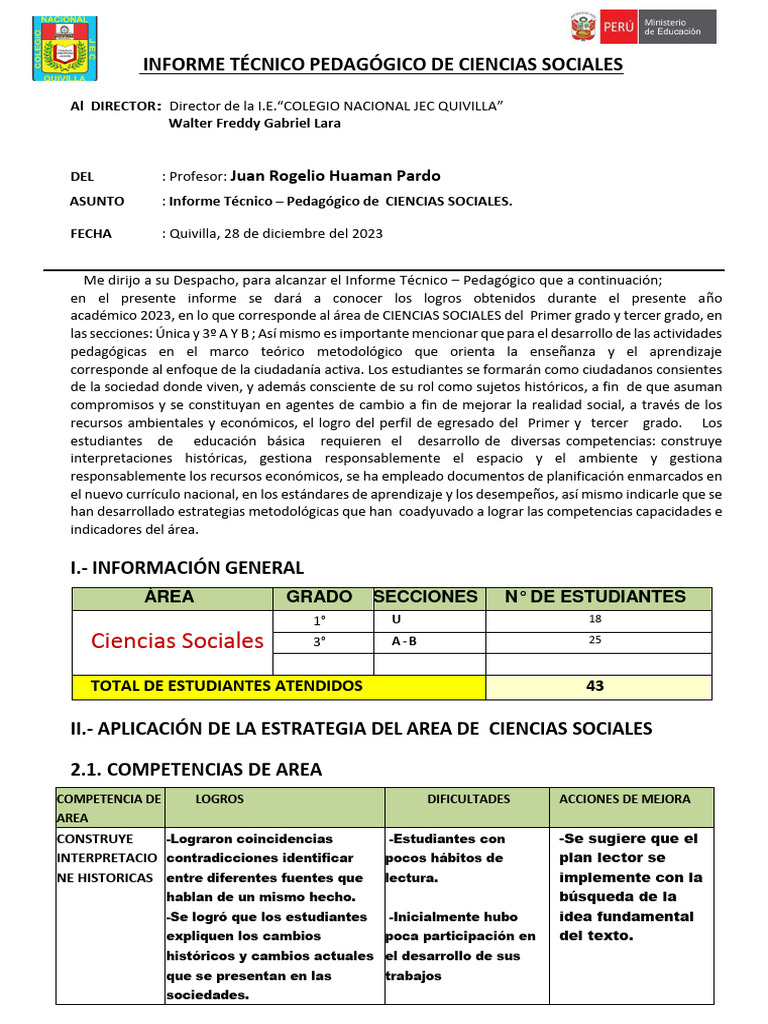 JRHP Informe Tecnico Pedagogico de Ciencias Sociales | PDF | Pedagogía | Evaluación