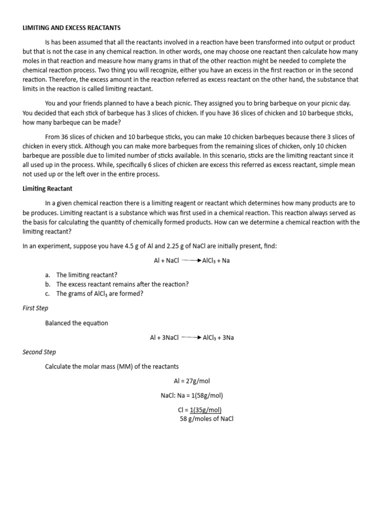 Lesson VI LIMITING AND EXCESS REACTANTS | PDF | Mole (Unit) | Chemical ...