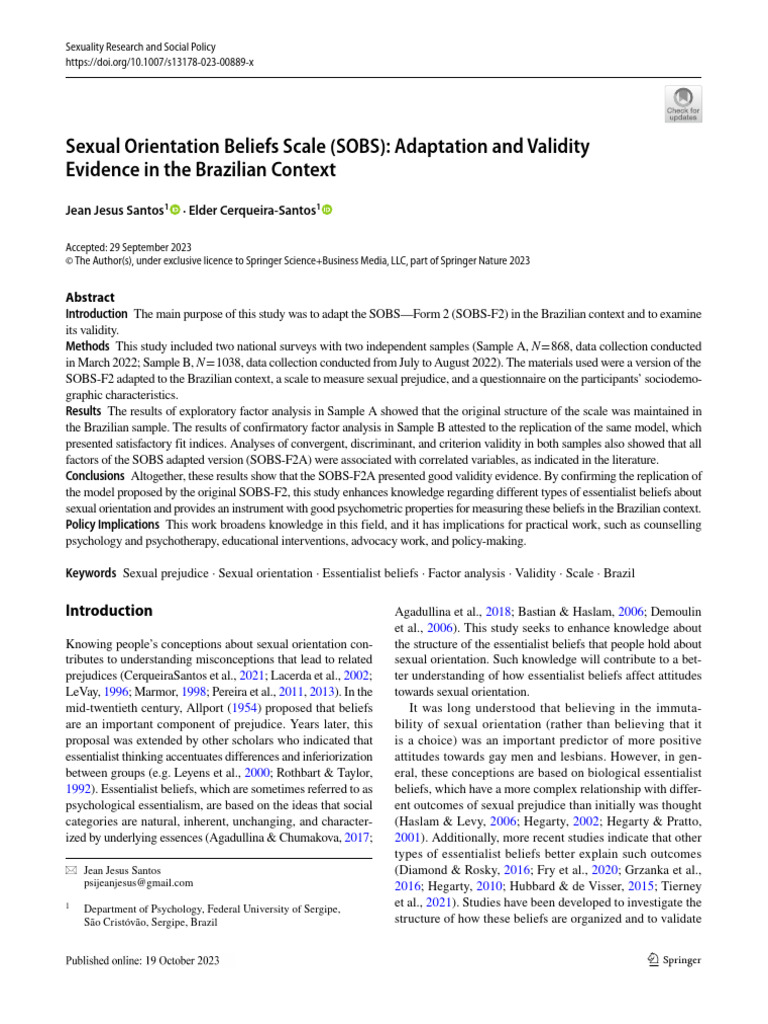 Sexual Orientation Beliefs Sacale (SOBS) - Adaptation and Validity Evidence in The Brazilian ...