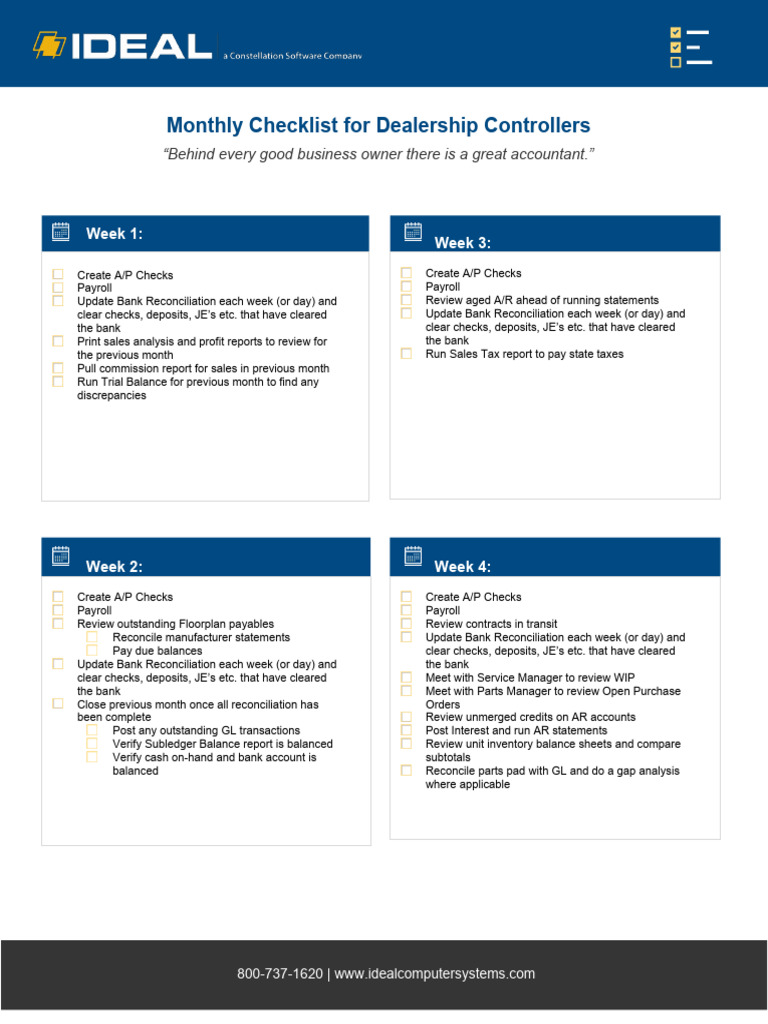 Ideal Monthly Checklist For Dealership Controllers 2022 | PDF | Banks ...