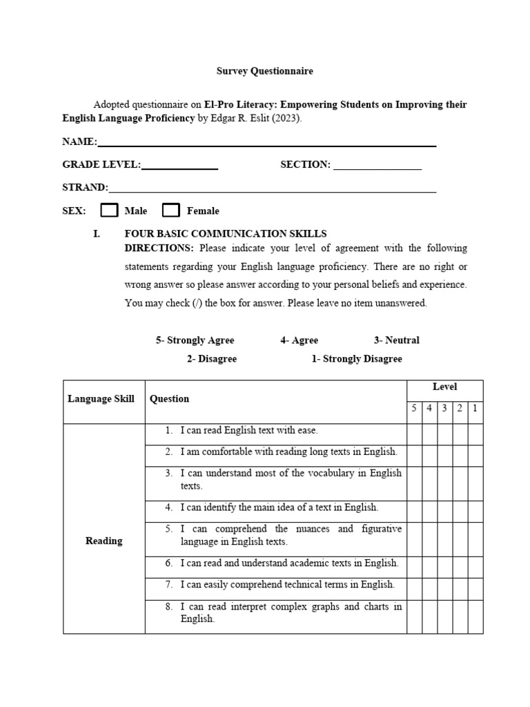 English Proficiency Survey Questionnaire | PDF | English Language ...