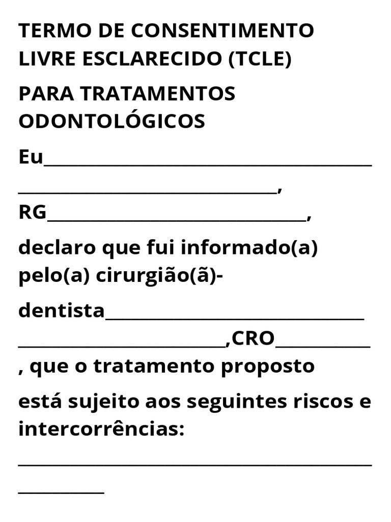 Termo de Consentimento Livre Esclarecido (Tcle) | PDF | Odontologia ...