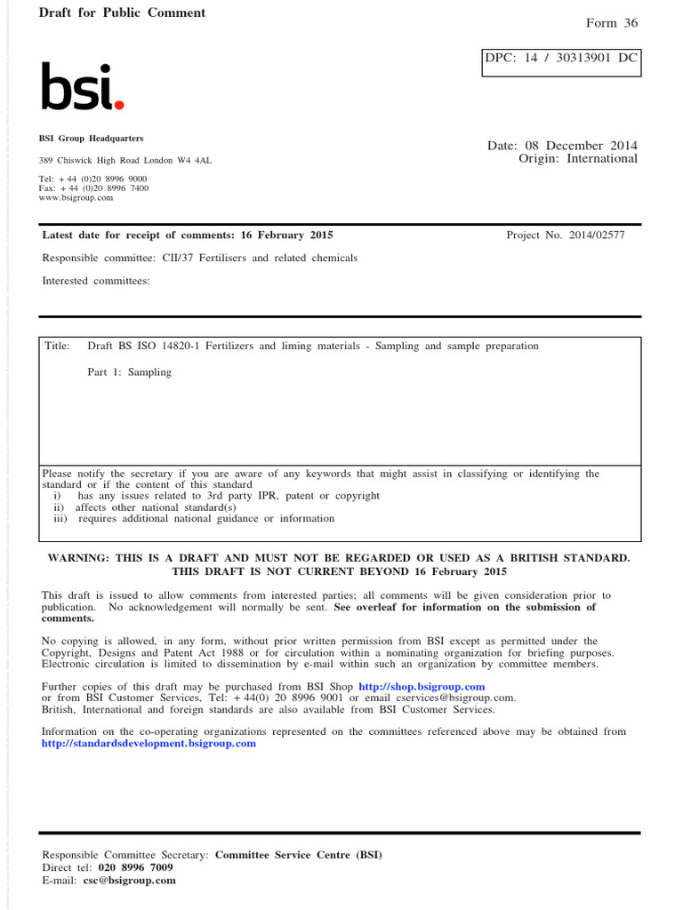 (BS ISO 14820-1) - Fertilizers and Liming Materials. Sampling and ...