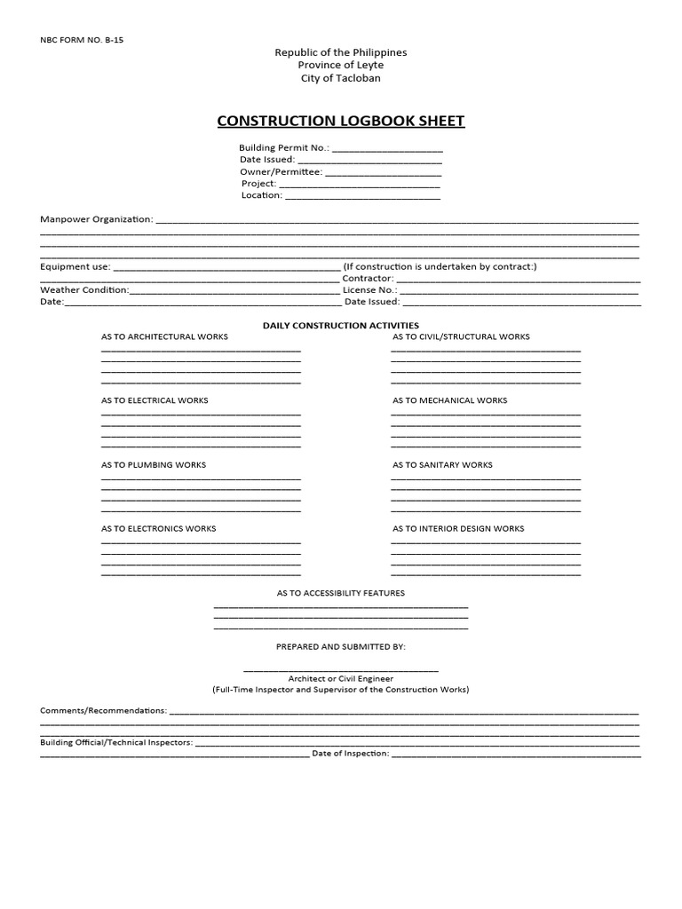 NBC B-15 - Construction Logbook Sheet | PDF | Engineering | Real Estate