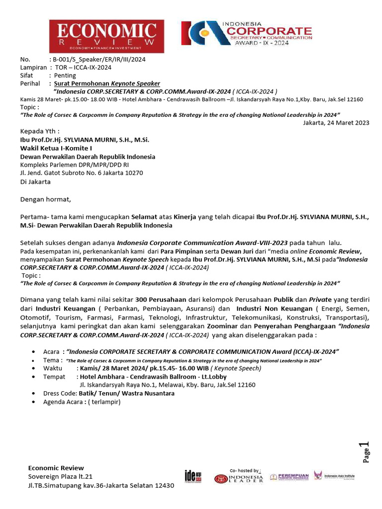 2024 - B-001 - Surat Permohonan Keynote Speech - Indonesia Corsec Corpcomm Award-IX-24 - PROF ...