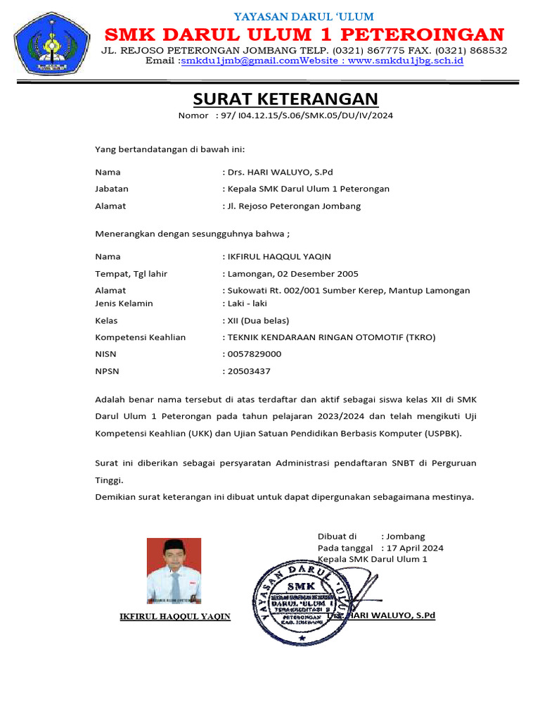 Surat Keterangan SNBT Ikfirul | PDF