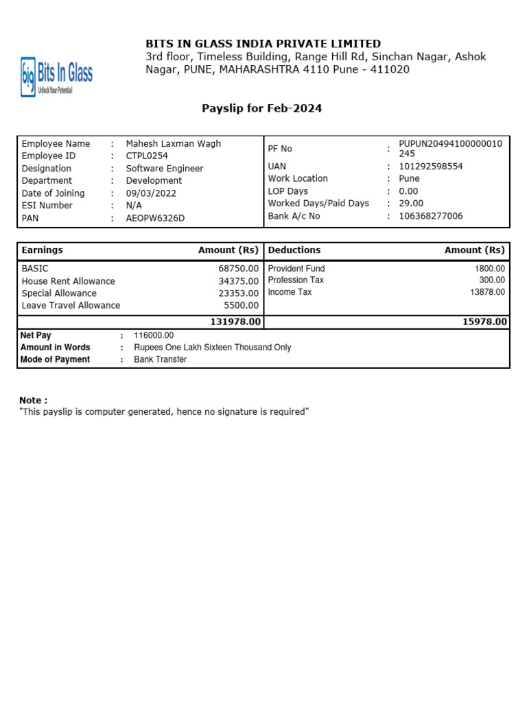 Feb 2024 Payslip for Mahesh Wagh | PDF