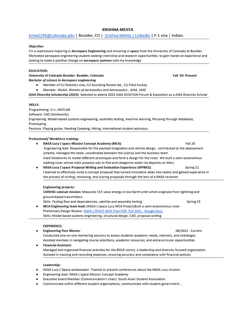 Mehta Krishna Resume 1 | PDF | Nasa | Aerospace Engineering