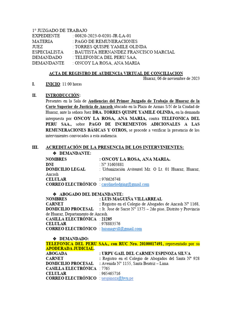 Audiencia Laboral: Oncoy vs Telefónica | PDF | Demanda judicial | Salario