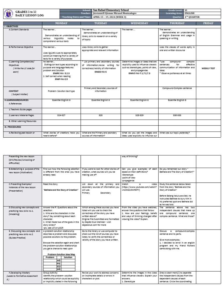 DLL - English 6 - Q4 - W3 | PDF | Learning | English Language DLL - English 6 - Q4 - W3 | PDF | Learning | English Language