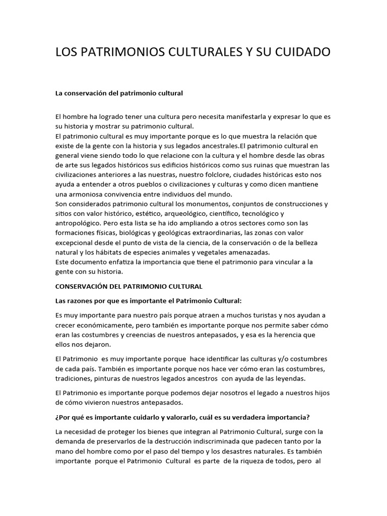 Los Patrimonios Culturales y Su Cuidado | PDF | Patrimonio cultural | Bienes (Ley)