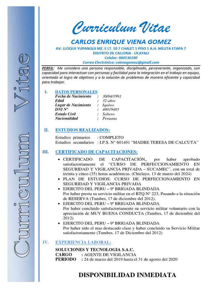 Curriculum-Vitae Carlos Enrique Viena Gomez | PDF | Perú