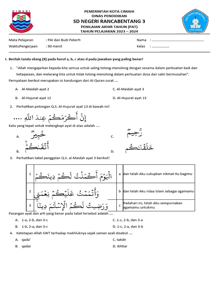 Naskah Soal Pat Pai Kelas 6 2022 | PDF