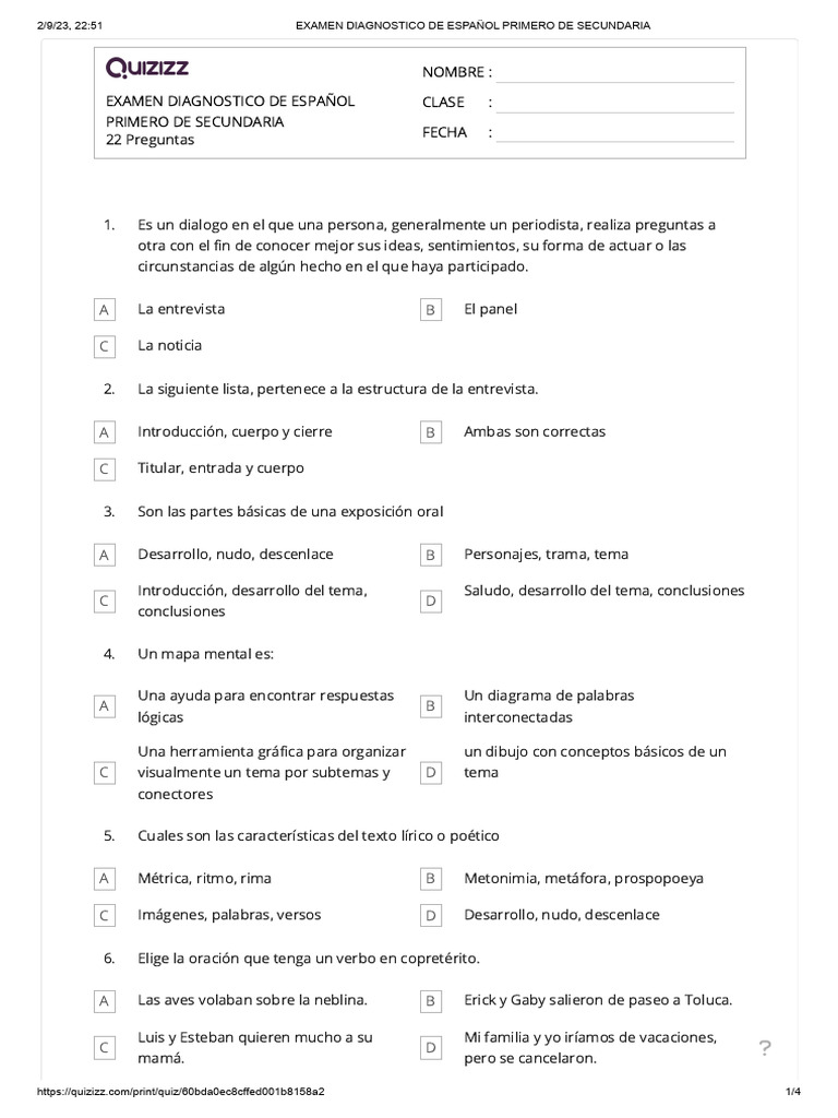 Examen Diagnostico de Español Primero de Secundaria | PDF
