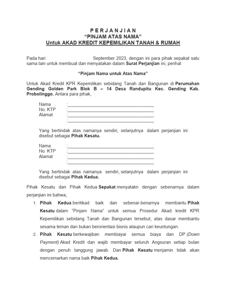 Perjanjian Pinjam Nama | PDF
