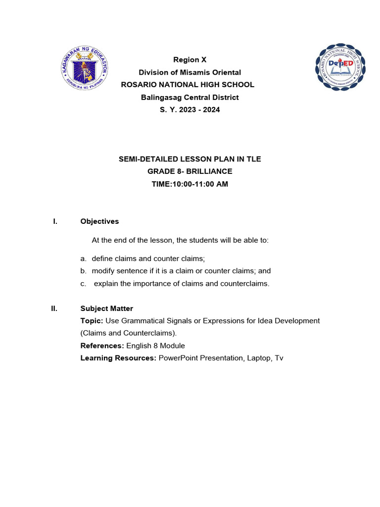 Grade 8 Claim and Counterclaim Lesson Plan | PDF | Teachers | Cognitive ...