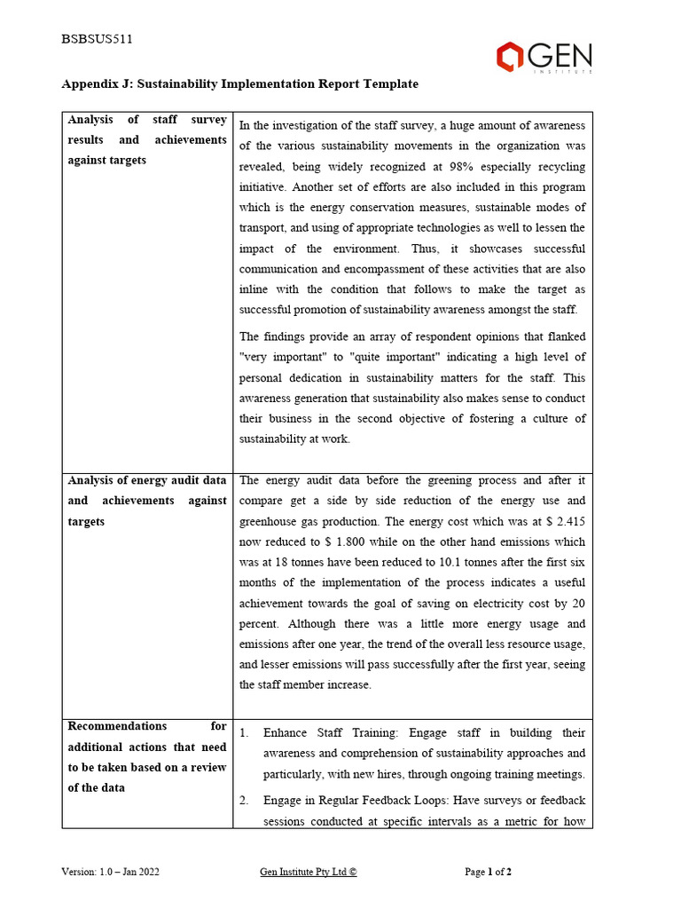 3 - BSBSUS511 Appendix J - Sustainability Implementation Report Template | PDF | Sustainability ...