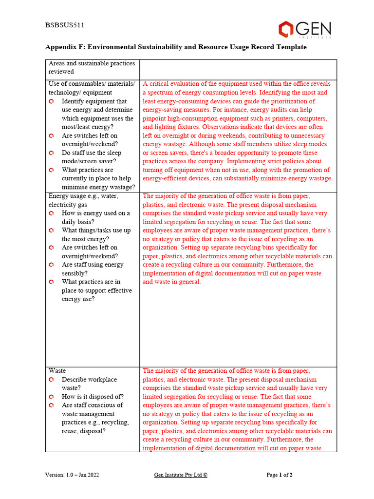 3 - BSBSUS511 Appendix F - Environmental Sustainability and Resource Usage Record | PDF | Energy ...