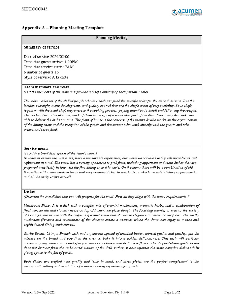 14 - SITHCCC043 - Appendix A | PDF | Menu | Pizza