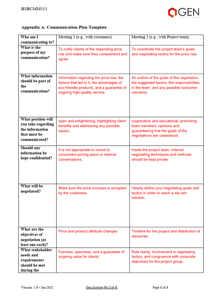 Appendix A - Communication Plan Template## | PDF | Negotiation ...