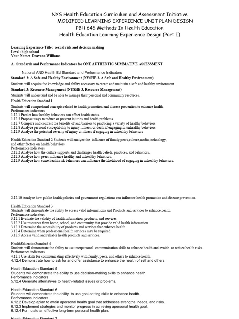 Sexual Health Risk Unit Plan | Download Free PDF | Health Education | Behavior