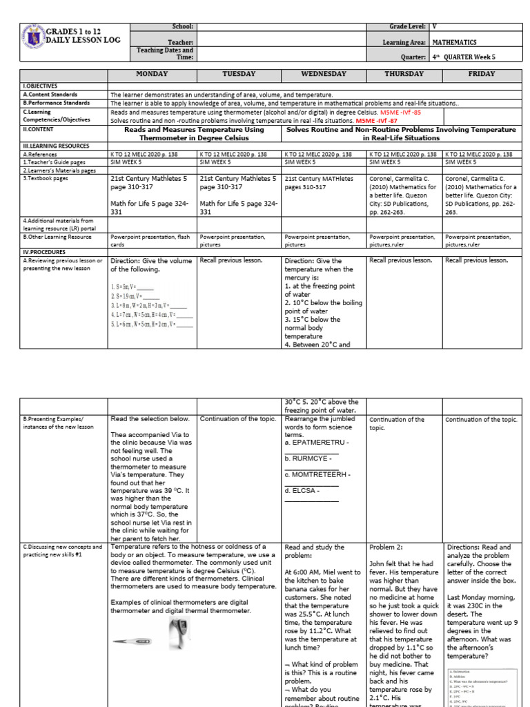 DLL Math-5 Q4 W5 | PDF | Temperature | Thermometer