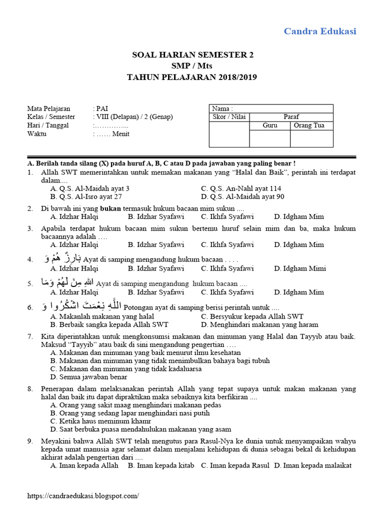 SOAL UH PAI KELAS 8 SMT 2 SMP Mts | PDF