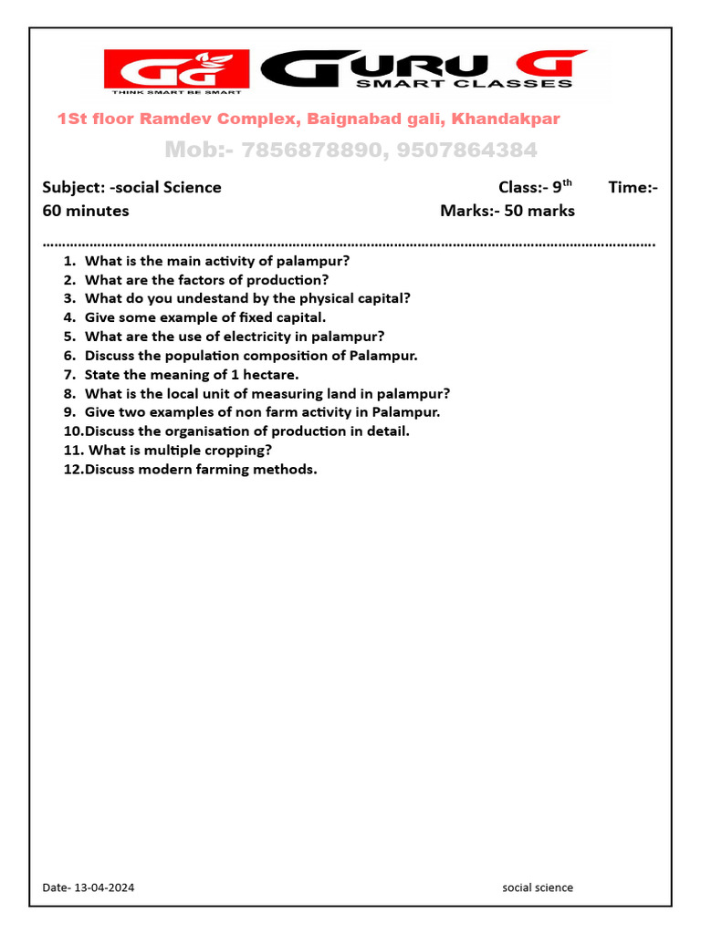 Palampur Social Science Class 9 Exam Guide | PDF