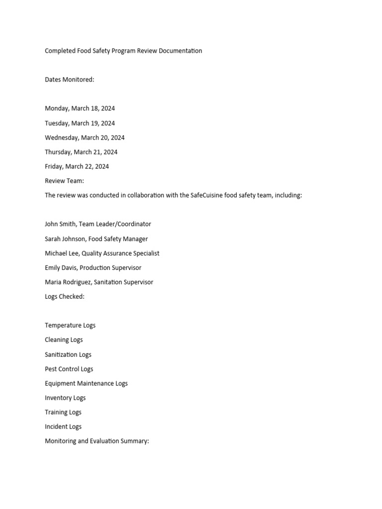 Completed Food Safety Program Review Documentation | PDF | Food Safety ...