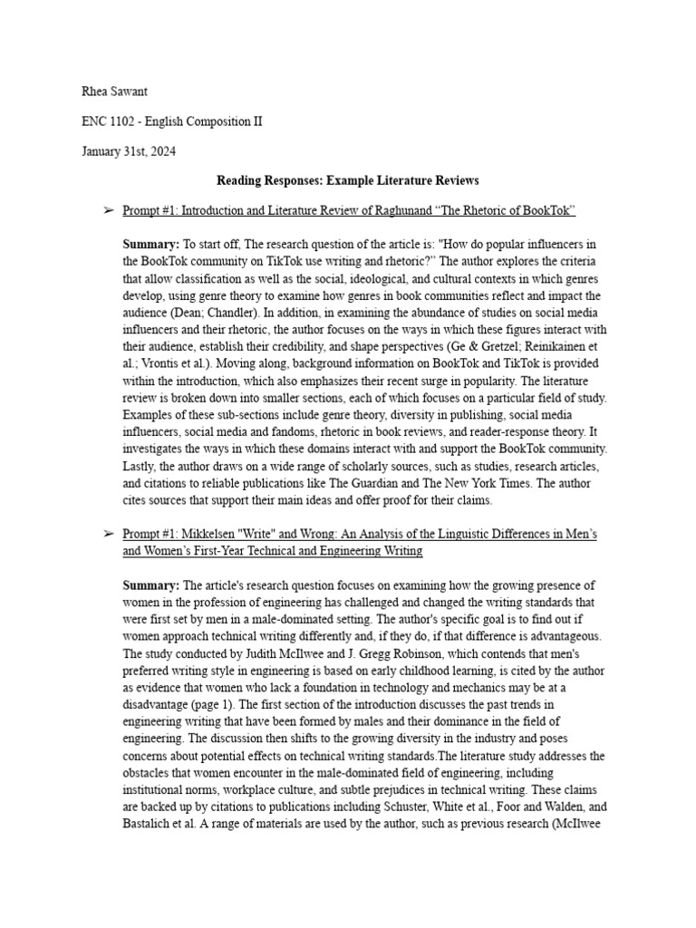 Reading Response Example Lit Review Summaries and Reflection e | PDF ...