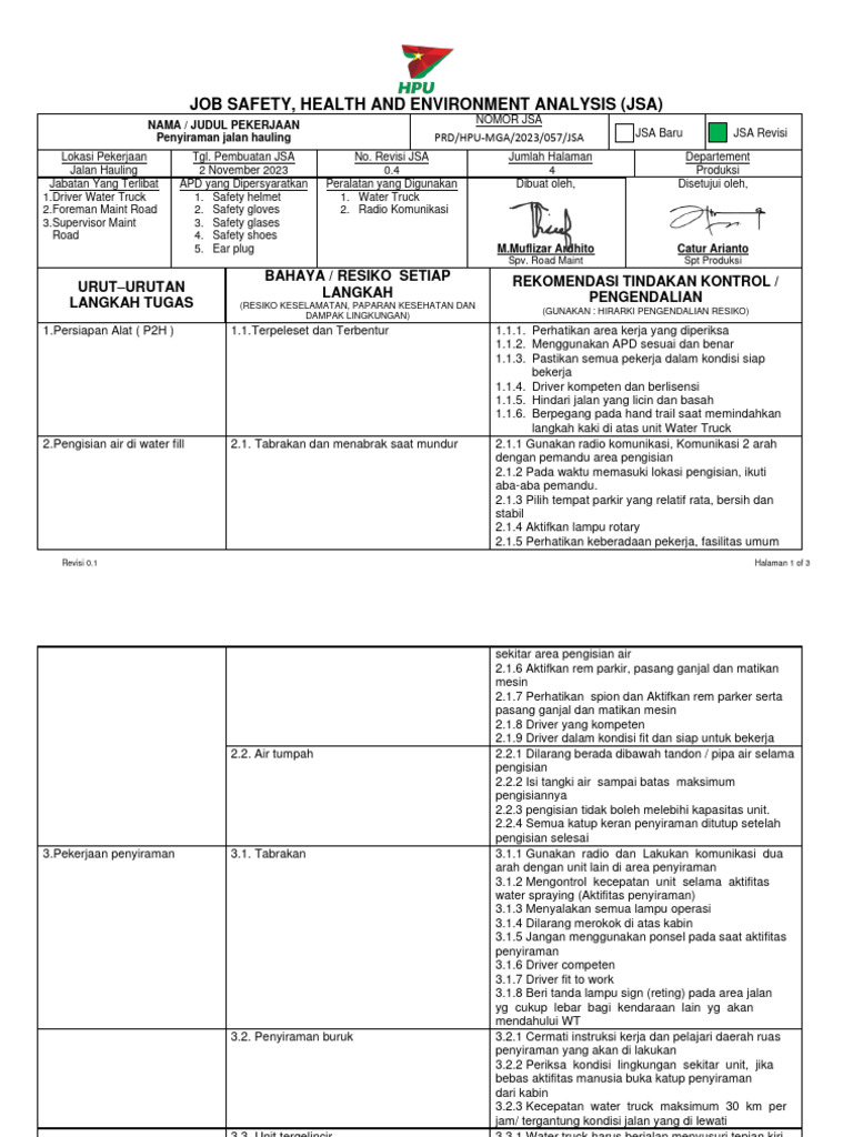 57.JSA Penyiraman Jalan Hauling | PDF